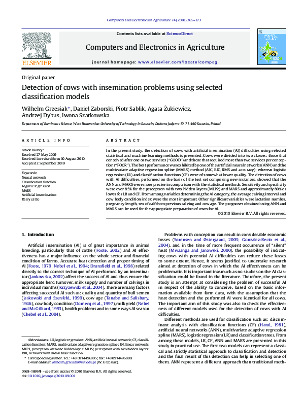 Pdf Detection Of Cows With Insemination Problems Using Selected