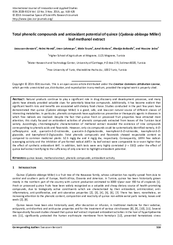 (PDF) Total phenolic compounds and antioxidant potential of quince ...