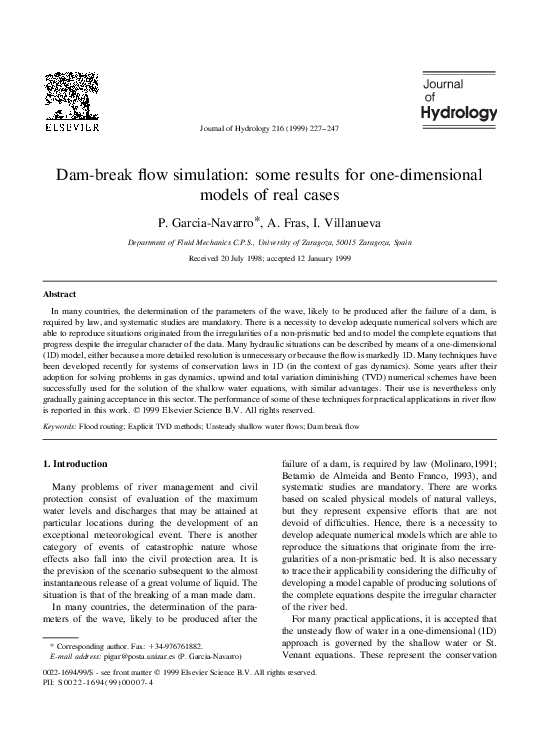 (PDF) Dam-break flow simulation: some results for one-dimensional models of real cases