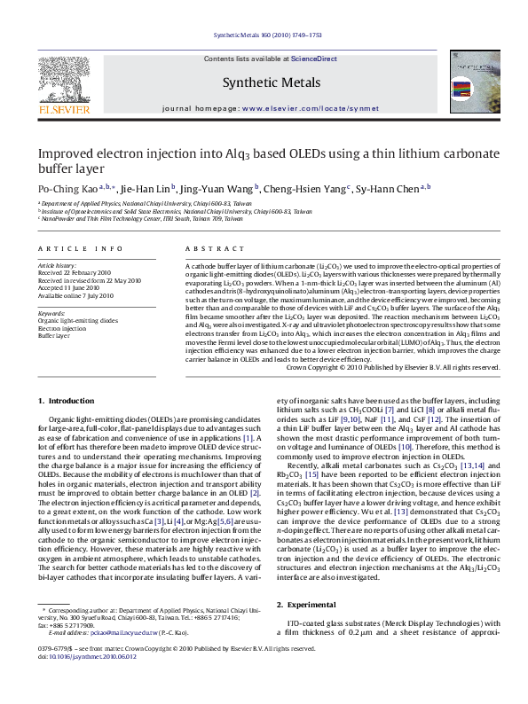 (PDF) Improved electron injection into Alq3 based OLEDs using a thin ...