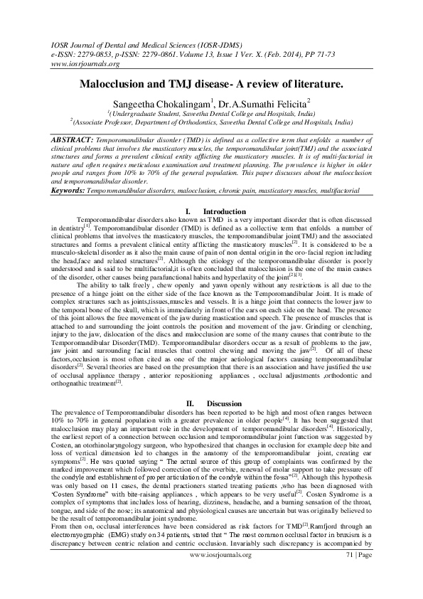 (PDF) Malocclusion and TMJ disease- A review of literature