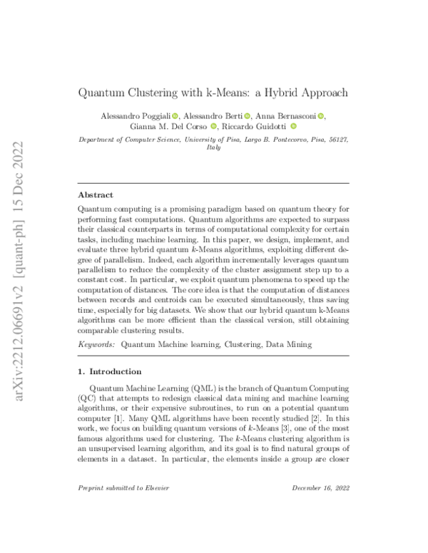 (PDF) Quantum Clustering with k-Means: a Hybrid Approach (PDF) Quantum Clustering with k-Means: a Hybrid Approach