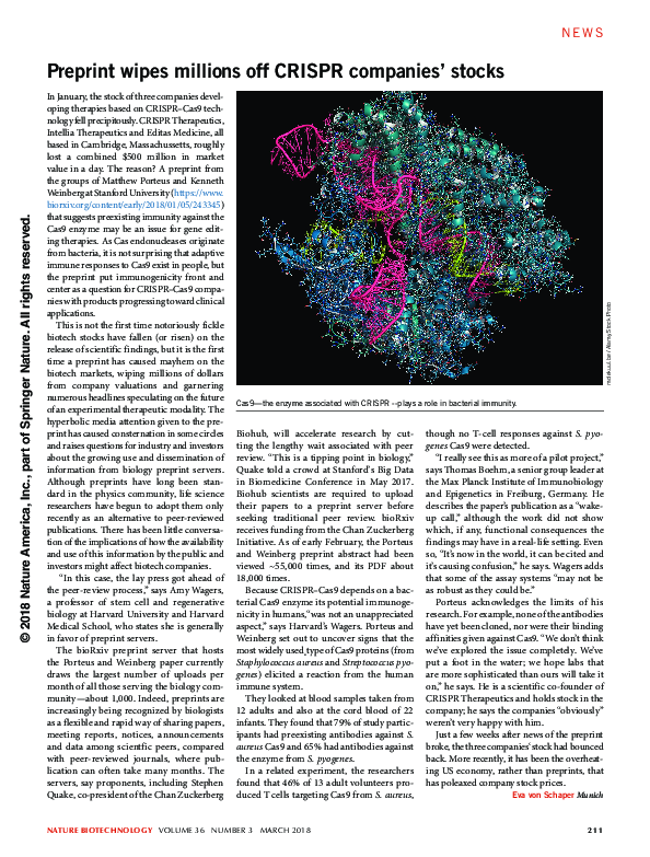 (PDF) Preprint wipes millions off CRISPR companies' stocks | Eva von ...