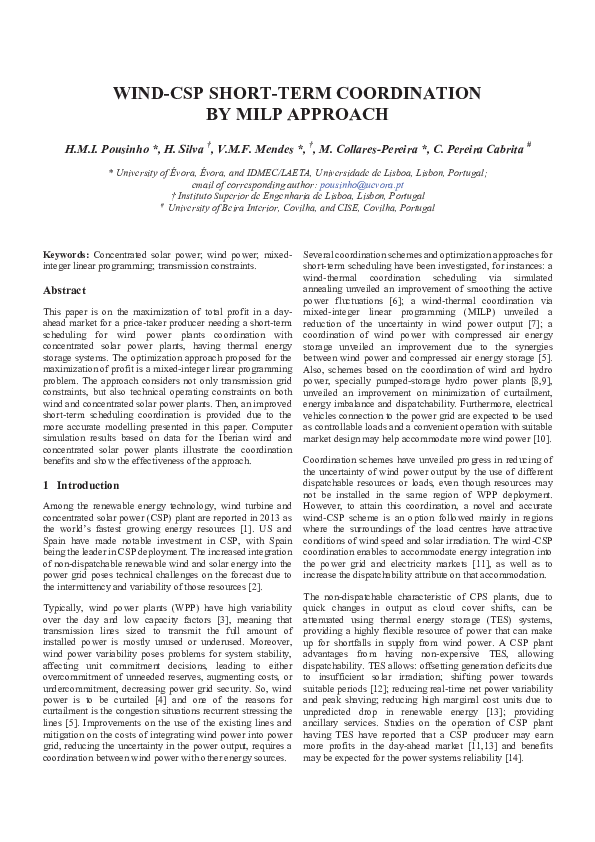 Pdf Wind Csp Short Term Coordination By Milp Approach