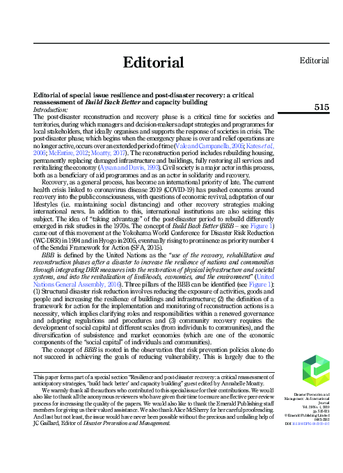 (PDF) Editorial - Resilience and post-disaster recovery: a critical ...