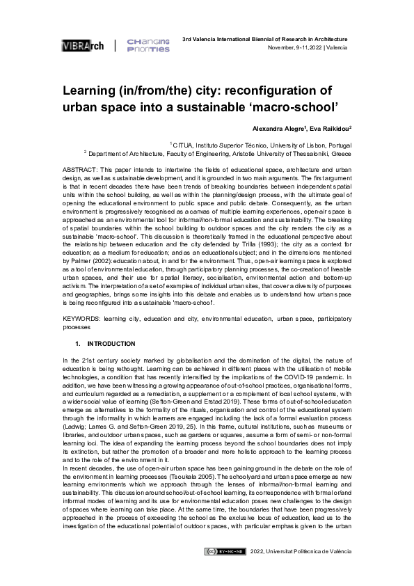 (PDF) Learning (in/from/the) city: reconfiguration of urban space into a sustainable 'macro-school'