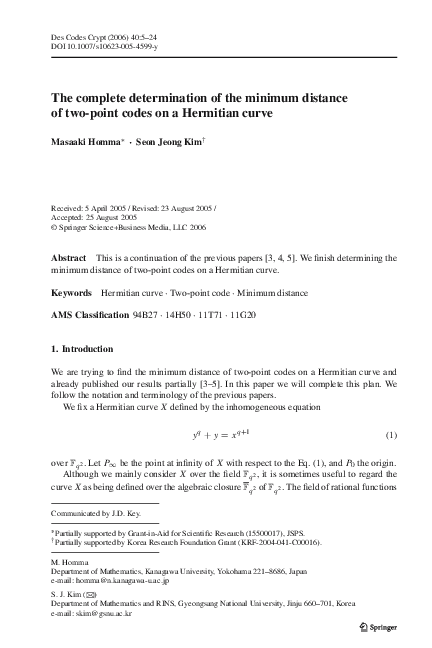 Pdf The Complete Determination Of The Minimum Distance Of Two Point Codes On A Hermitian Curve