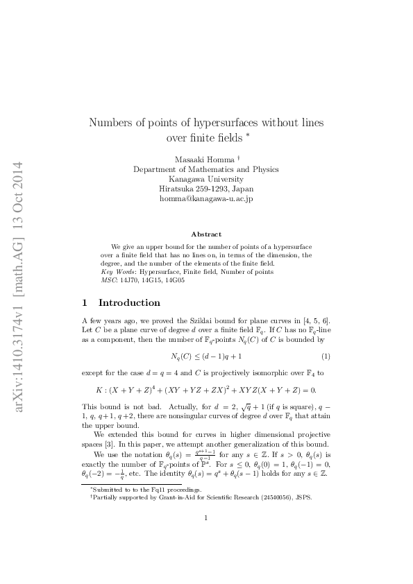 (PDF) Numbers of points of hypersurfaces without lines over finite fields | Masaaki Homma ...