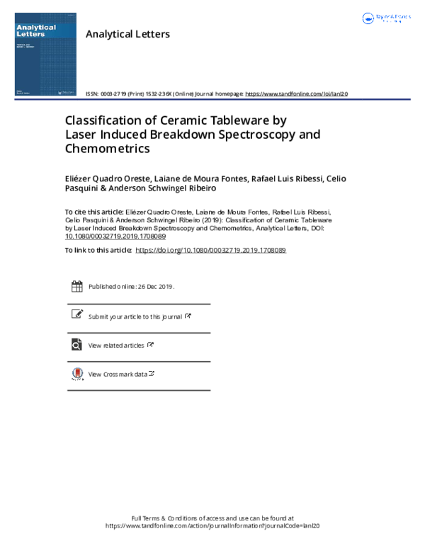 (PDF) Classification of Ceramic Tableware by Laser Induced Breakdown Spectroscopy and Chemometrics