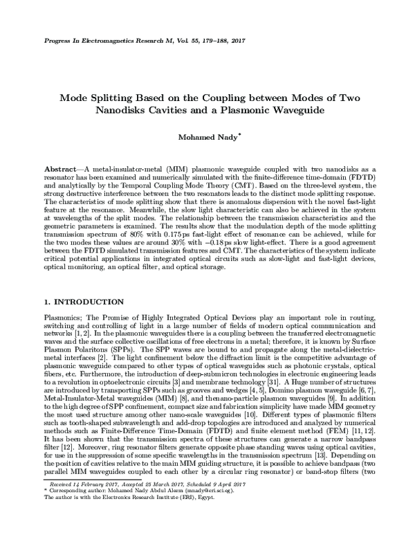 (PDF) Mode Splitting Based on the Coupling Between Modes of Two Nanodisks Cavities and a ...