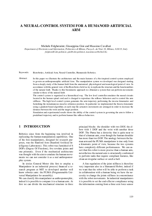 (PDF) A Neural-Control System for a Humanoid Artificial Arm