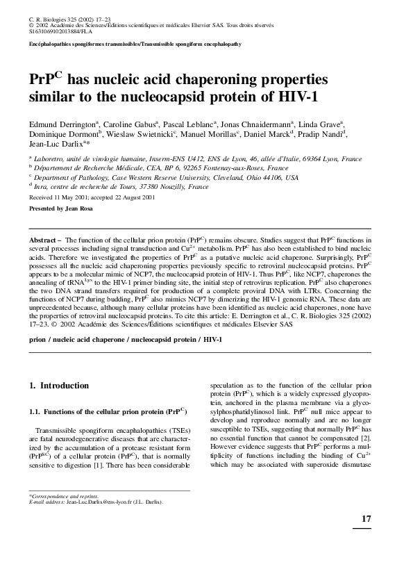 (PDF) PrPC has nucleic acid chaperoning properties similar to the ...