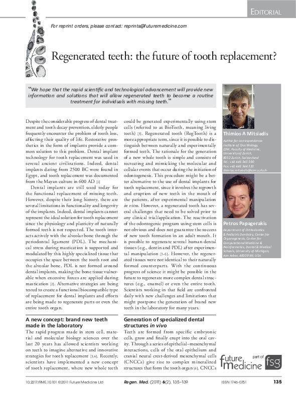(PDF) Regenerated teeth: the future of tooth replacement?