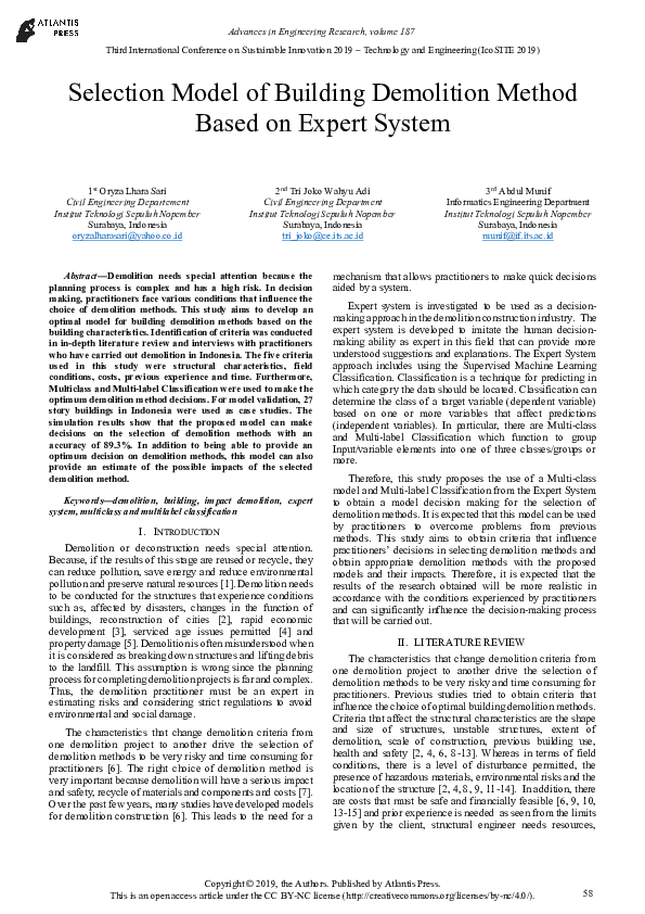 (PDF) Selection Model of Building Demolition Method Based on Expert System