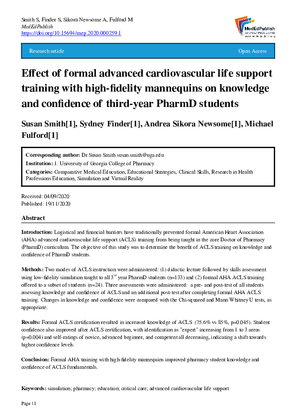 (PDF) Effect of formal advanced cardiovascular life support training with high-fidelity ...