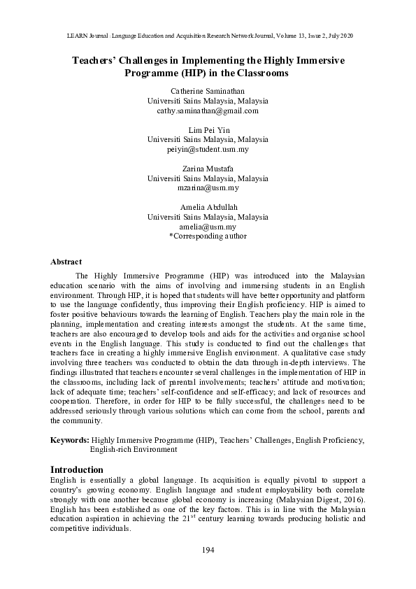(PDF) Teachers' Challenges in Implementing the Highly Immersive Programme (HIP) in the ...