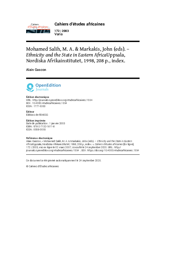 (PDF) Mohamed Salih, M. A. Markakis, John (eds). – Ethnicity and the ...