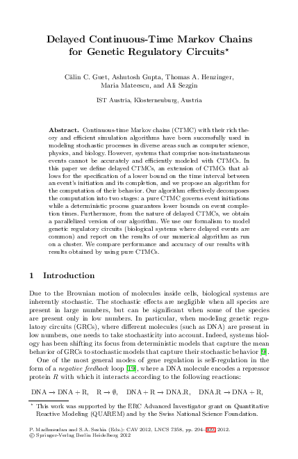 Pdf Delayed Continuous Time Markov Chains For Genetic Regulatory Circuits