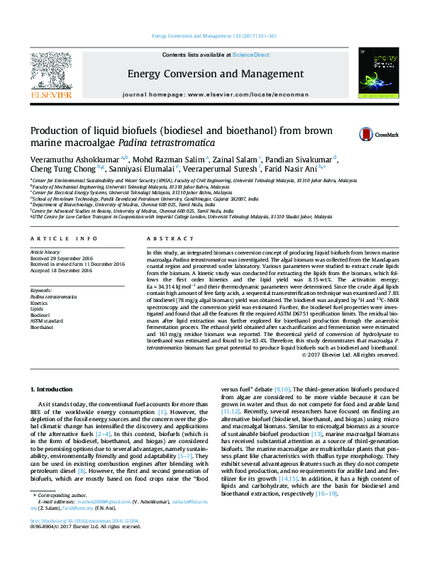(PDF) Production of liquid biofuels (biodiesel and bioethanol) from brown marine macroalgae ...