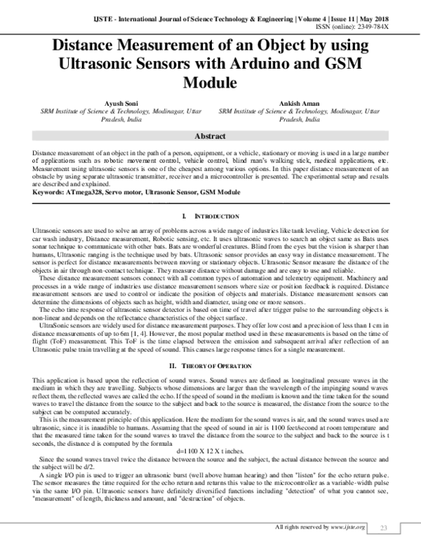 (PDF) Distance Measurement of an Object by using Ultrasonic Sensors with Arduino and GSM Module