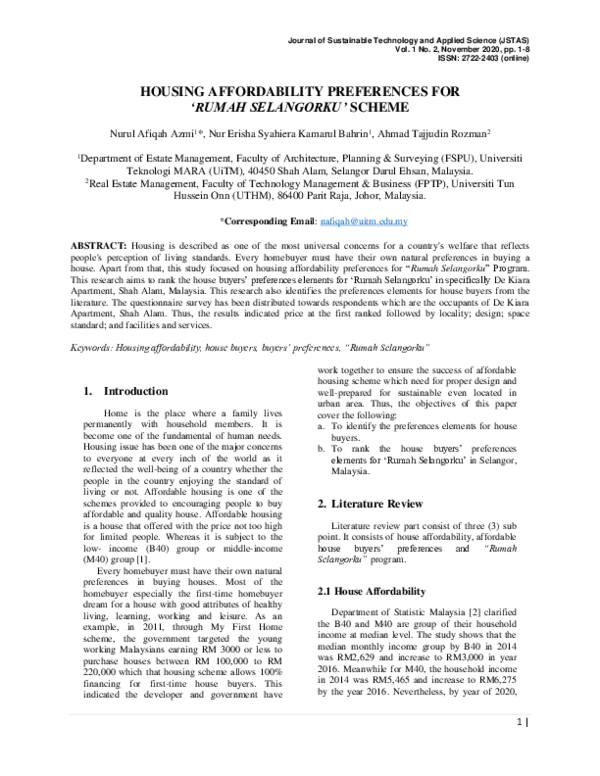 (PDF) Housing Affordability Preferences for ‘Rumah Selangorku’ Scheme