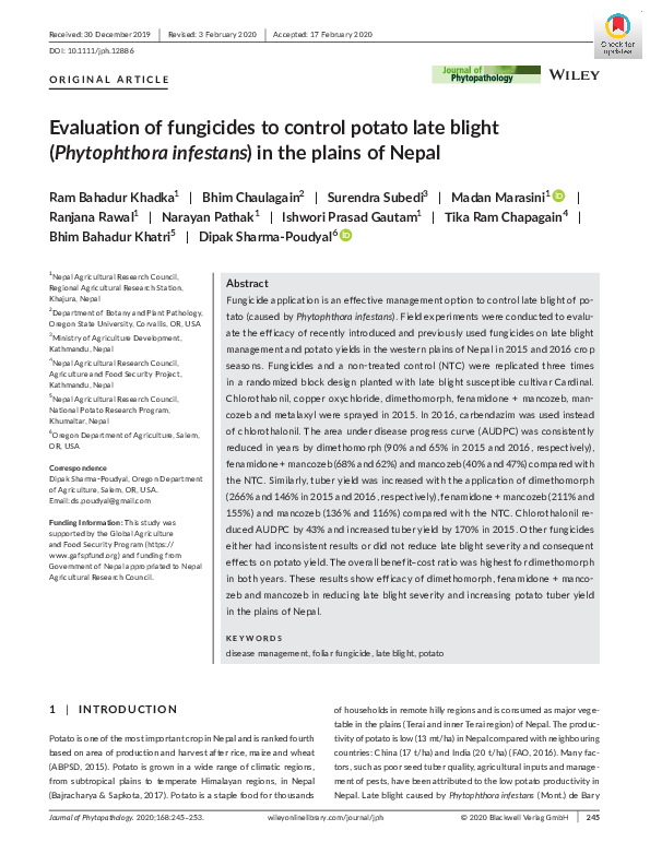 (PDF) Evaluation of fungicides to control potato late blight ( Phytophthora infestans ) in the ...
