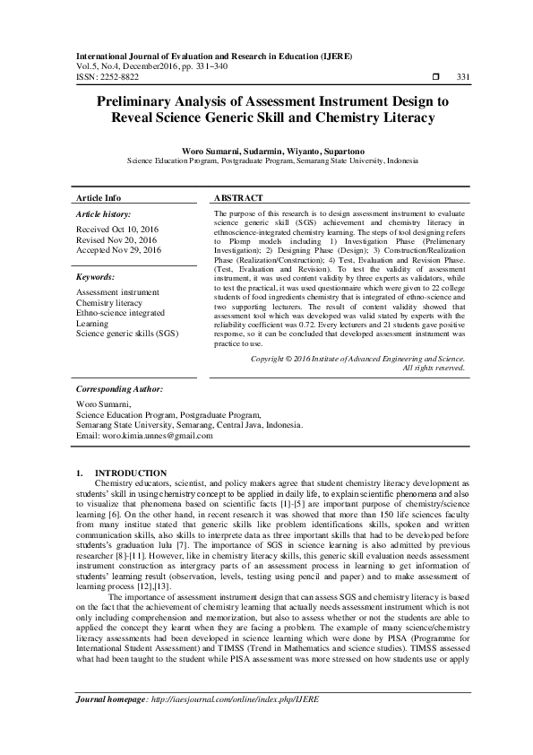 (PDF) Preliminary Analysis of Assessment Instrument Design to Reveal Science Generic Skill and ...