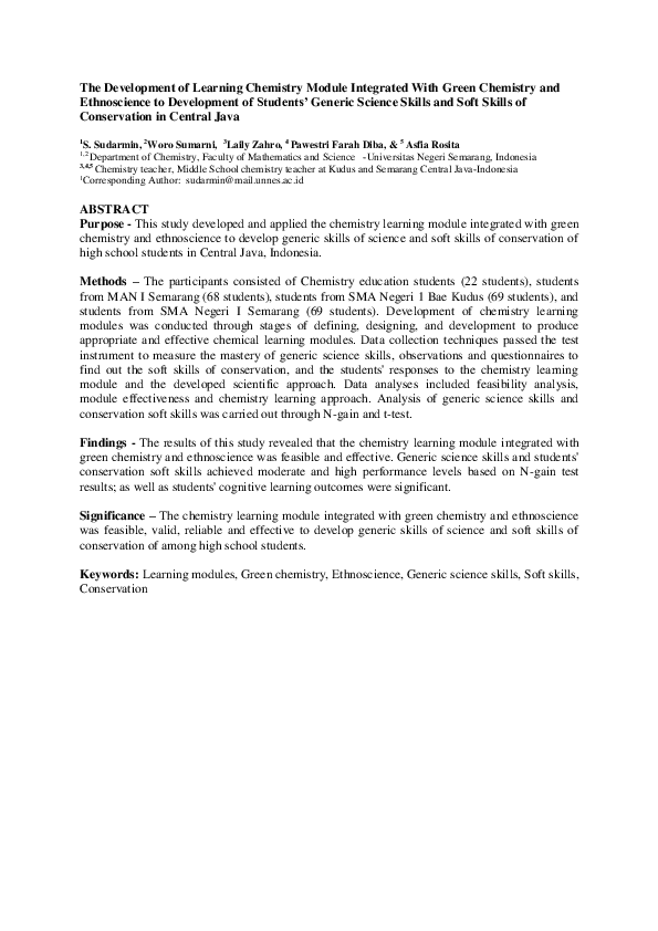 (PDF) The Development of Learning Chemistry Module Integrated with Green Chemistry and ...