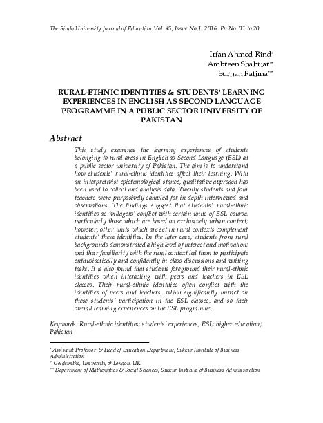 (PDF) Rural-Ethnic Identities & Students' Learning Experiences in English as Second Language ...