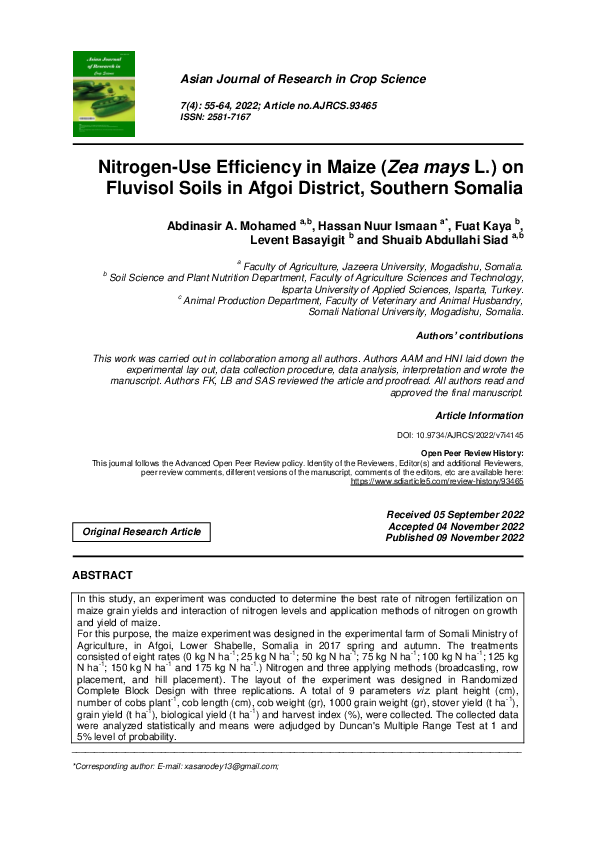 (PDF) Nitrogen-Use Efficiency in Maize (Zea mays L.) on Fluvisol Soils in Afgoi District ...