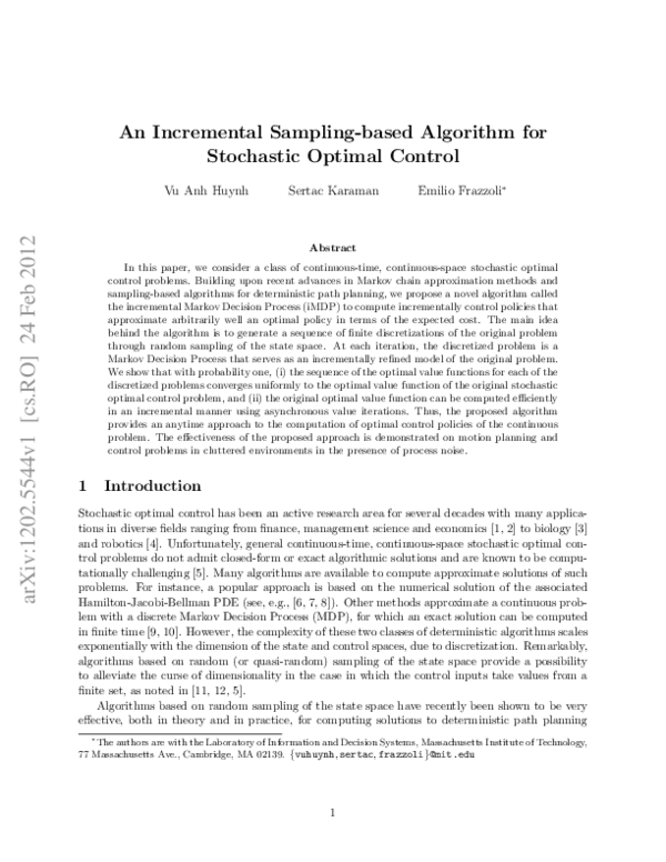 Pdf An Incremental Sampling Based Algorithm For Stochastic Optimal