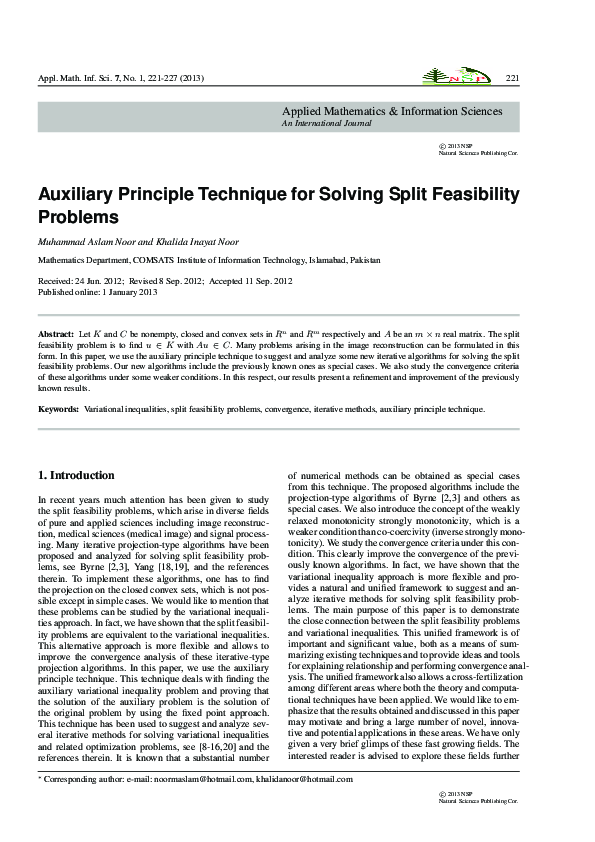 (PDF) Auxiliary Principle Technique for Solving Split Feasibility Problems