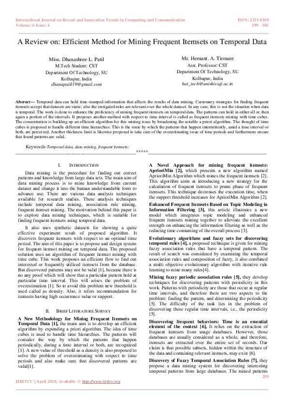 Pdf A Review On Efficient Method For Mining Frequent Itemsets On Temporal Data Dhanashree