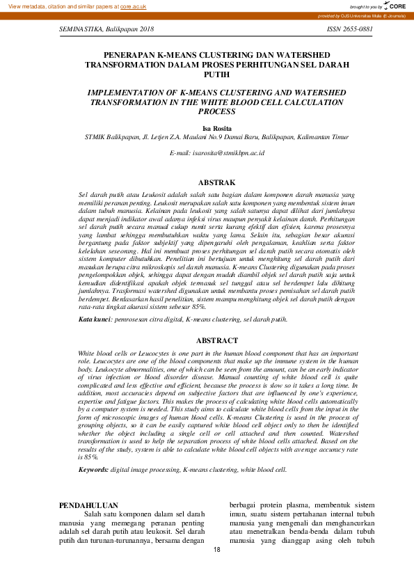 (PDF) Implementation of K-Means Clustering and Watershed Transformation in the White Blood Cell ...