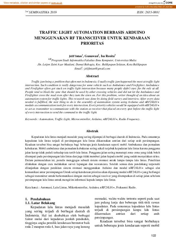 Pdf Traffic Light Automation Berbasis Arduino Menggunakan Rf Transceiver Untuk Kendaraan Prioritas