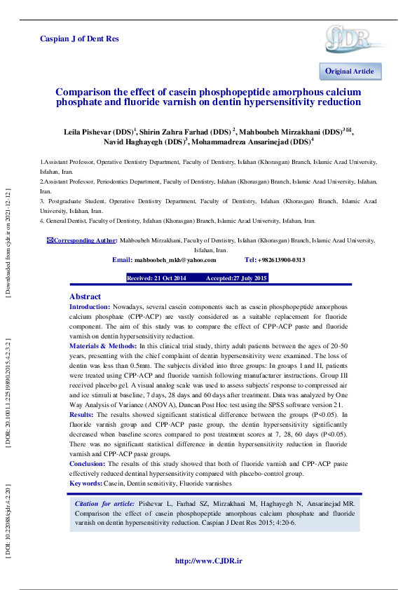 Pdf Comparison The Effect Of Casein Phosphopeptide Amorphous Calcium Phosphate And Fluoride