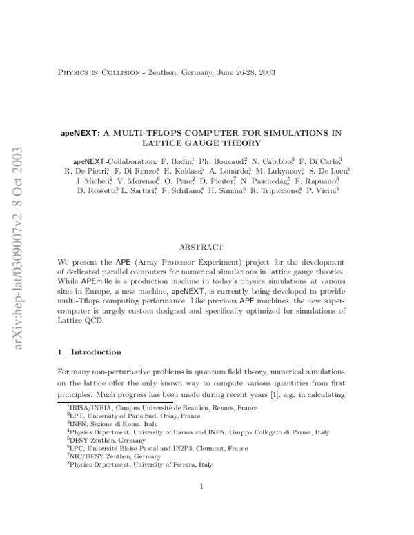 (PDF) apeNEXT: A multi-TFlops Computer for Simulations in Lattice Gauge Theory | A. Lonardo ...