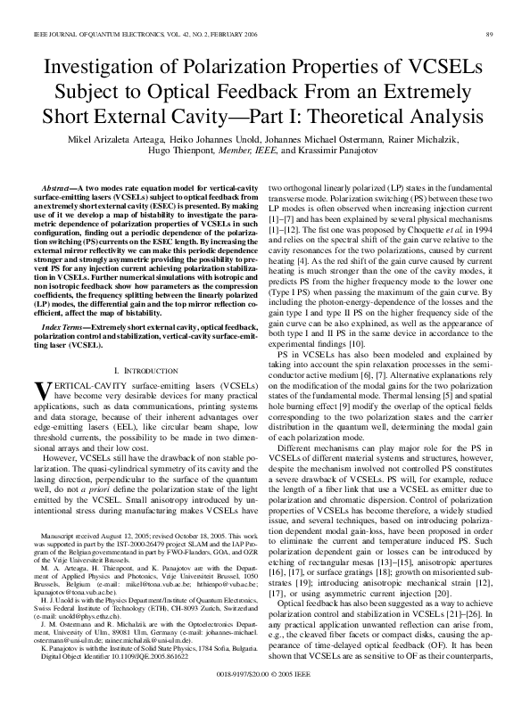 (PDF) Investigation of Polarization Properties of VCSELs Subject to Optical Feedback From an ...