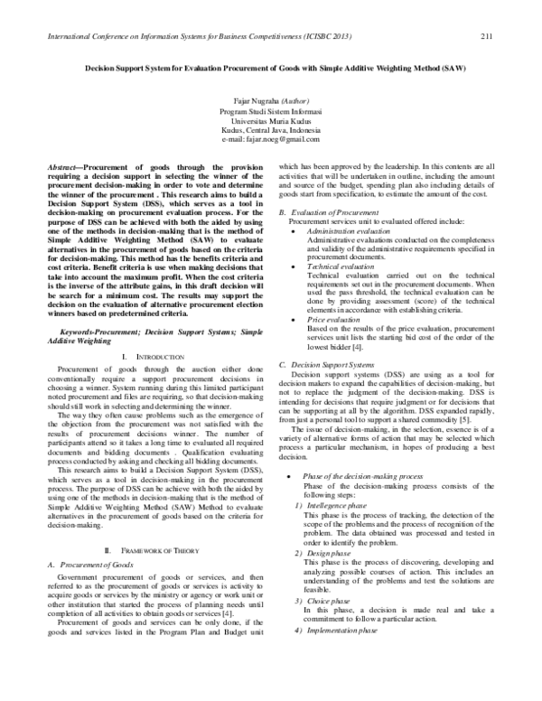 (PDF) Decision Support System for Evaluation Procurement of Goods with Simple Additive Weighting ...