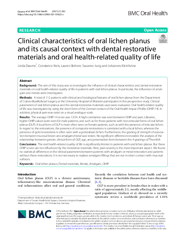 (PDF) Clinical characteristics of oral lichen planus and its causal context with dental ...