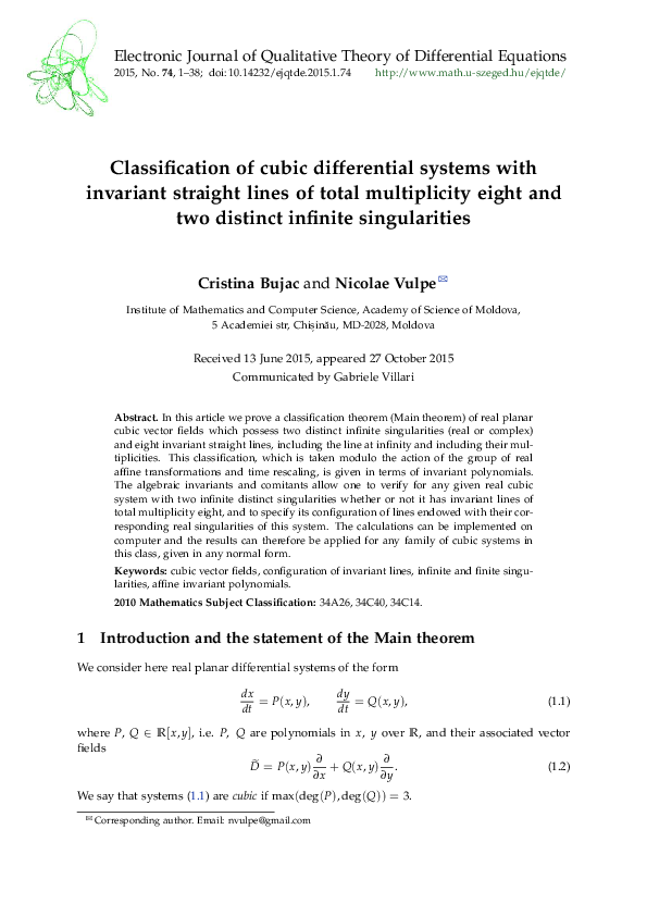 Pdf Classiﬁcation Of Cubic Differential Systems With Invariant Straight Lines Of Total