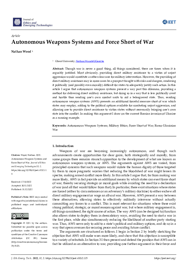 (PDF) Autonomous Weapons Systems and Force Short of War