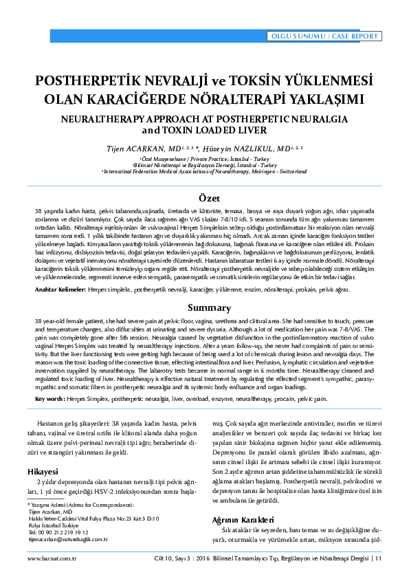 (PDF) POSTHERPETİK NEVRALJİ ve TOKSİN YÜKLENMESİ OLAN KARACİĞERDE ...