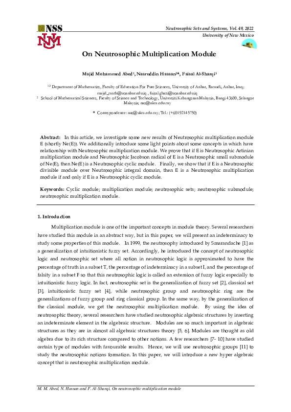 (PDF) On Neutrosophic Multiplication Module