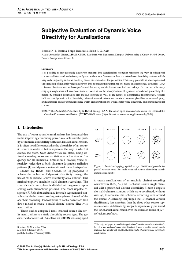 (PDF) Subjective Evaluation of Dynamic Voice Directivity for Auralizations