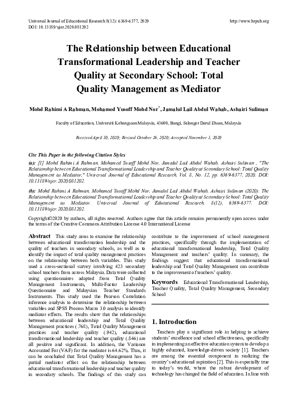 (PDF) The Relationship between Educational Transformational Leadership and Teacher Quality at ...