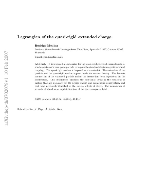 (PDF) A Lagrangian of the quasi-rigid extended charge