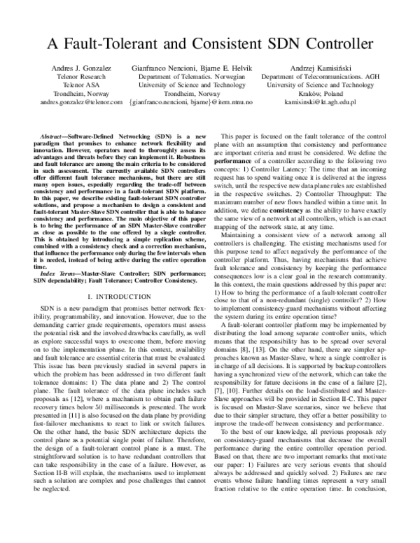 Pdf A Fault Tolerant And Consistent Sdn Controller 