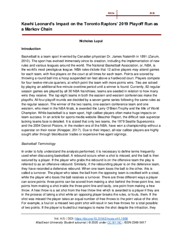 (PDF) Kawhi Leonard’s Impact on the Toronto Raptors’ 2019 Playoff Run ...