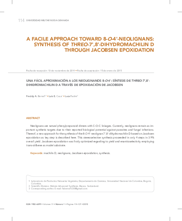 (PDF) A Facile Approach toward 8-O-4'-Neolignans: Synthesis of Threo-7 ...